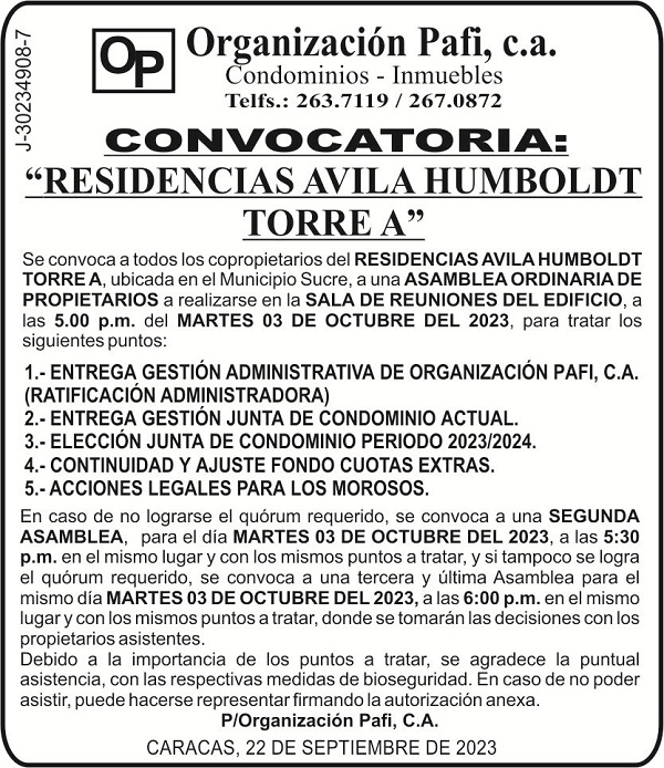 CONVOCATORIA EDIFICIO AVILA HUMBOLDT TORRE A